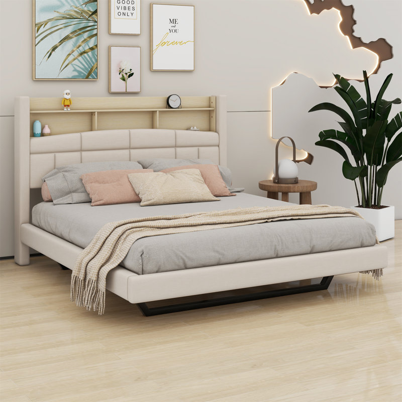 Upholstered Floating Bed with LED and Storage Headboard Brayden Studio Size Queen